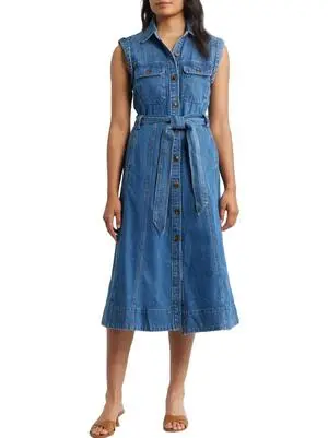 Wit & Wisdom Sleeveless Tie Belt Denim Shirtdress - Mid Blue