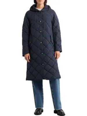 Bernardo Quilted Longline Hooded Jacket - Navy