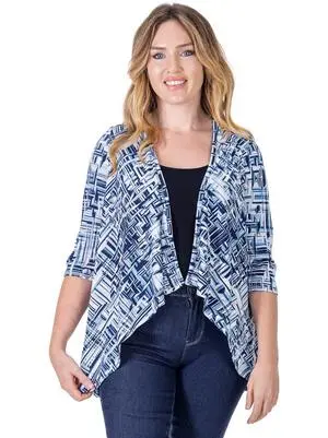 24SEVEN COMFORT APPAREL Petites Printed Elbow Length Sleeve Open Cardigan - Blue Multi