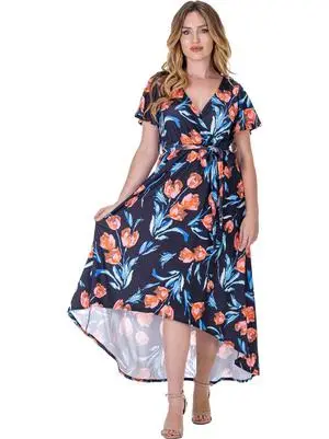 24SEVEN COMFORT APPAREL Floral V-neck Belted High-low Faux Wrap Dress - Navy Multi