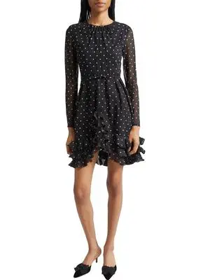 Giambattista Valli Polka Dot Ruffle Hem Long Sleeve Silk Dress - Black