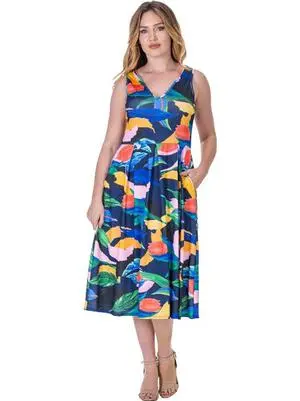 24SEVEN COMFORT APPAREL Midi Length Pleated Pocket Dress - Navy Multi