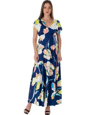 24SEVEN COMFORT APPAREL Floral Print V-neck Empire Waist Maxi Dress - Navy Multi
