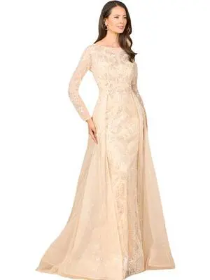 LARA NEW YORK Long Sleeve Lace Gown With Overskirt And High Neck - Champagne