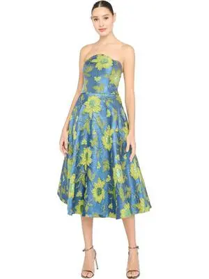 Theia Dara Scallop Strapless Dress - Blue Ashes/citronelle