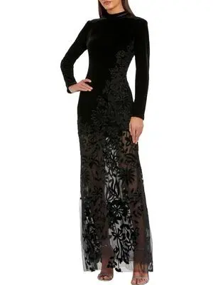 Mac Duggal Long Sleeve Sheer Floral Embroidered Velvet Gown - Black