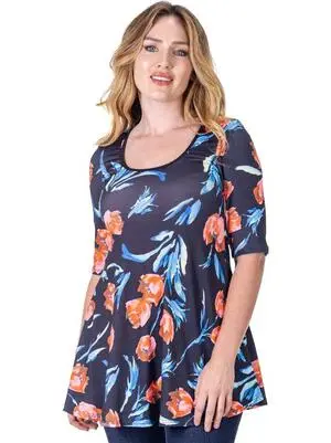 24SEVEN COMFORT APPAREL Tulip Print Elbow Sleeve Tunic Top - Navy Multi