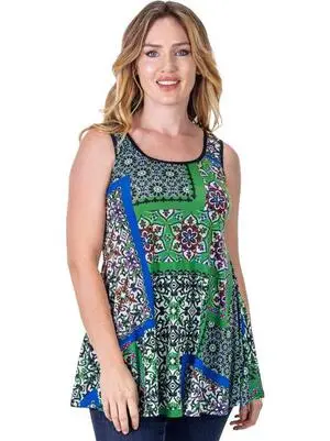 24SEVEN COMFORT APPAREL Casual Print Scoop Neck Tank Top - Green Multi
