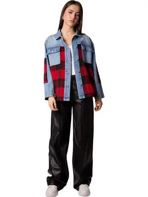 BLUE REVIVAL Plaid And Denim Shacket - Red Plaid