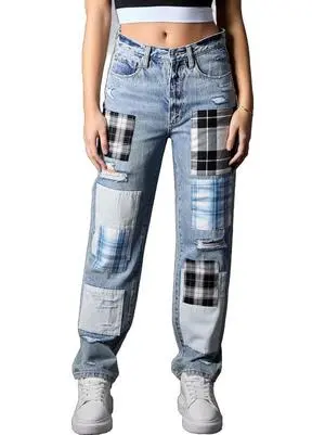 BLUE REVIVAL Plaid Patchwork Straight Leg Jeans - Ibiza Patchwork