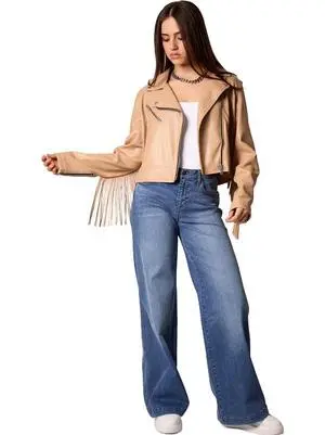 BLUE REVIVAL Fringe Trim Vegan Leather Jacket - Sand Dune