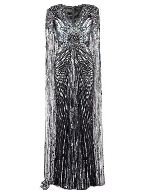 Jenny Packham Sequin-embellished Gown With Cape Sleeves - Liquorice