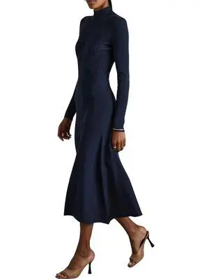 REISS Hannah Long Sleeve Ribbed Midi Dress - Navy