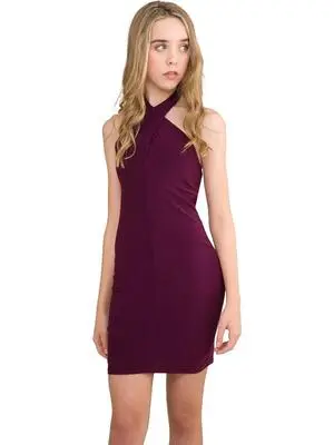 UN DEUX TROIS Criss-cross Mini Halter Dress - Eggplant
