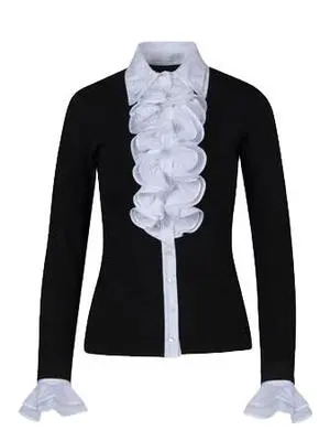 Anne Fontaine Long Sleeve Jersey Shirt With Ruffle Placket - Black/white