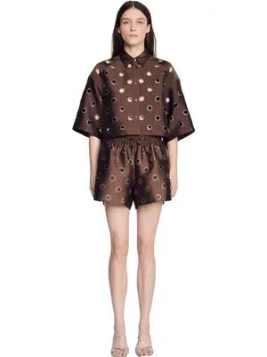 Sandro Oversized Shirt With Rhinestone Accents - Brown