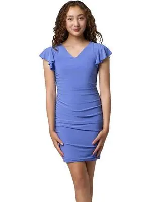 UN DEUX TROIS Flutter Sleeve Fitted Dress - Periwinkle Blue