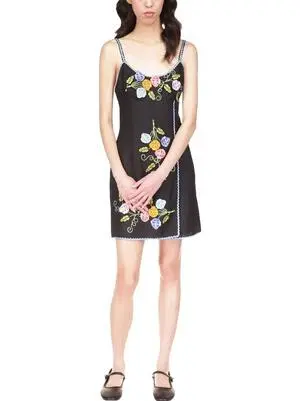 Anna Sui 3-d Pansy Embroidered Linen Dress - Black Multi