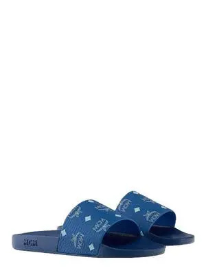 Mcm Monogram Print Rubber Slides - Blue