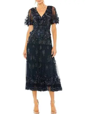 Mac Duggal Embellished Flutter Sleeve Midi Dress - Midnight