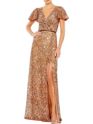 Mac Duggal Sequined Butterfly Sleeve Gown - Copper