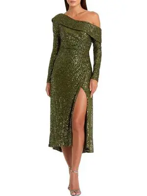 Mac Duggal One-shoulder Sequin Midi Dress - Olive