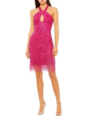 Mac Duggal Beaded Fringe Mini Dress - Magenta