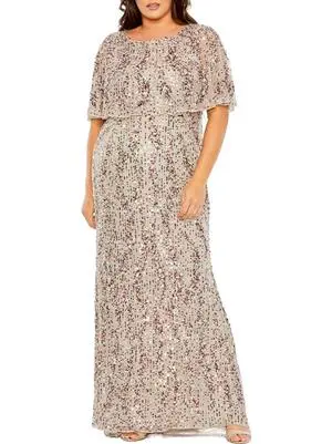 Mac Duggal High-neck Sequin Gown With Cape Sleeves - Grey Multi