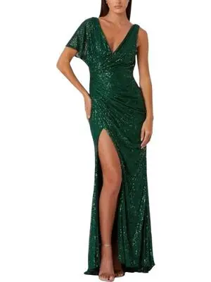Mac Duggal Sequined Asymmetrical Draped Trumpet Gown Emerald