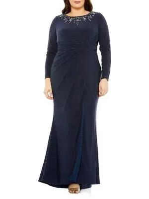 Mac Duggal Long Sleeve Embellished Neckline Jersey Gown - Midnight