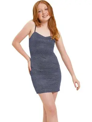 UN DEUX TROIS Sleeveless Glitter Fitted Dress - Navy