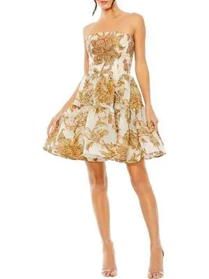 Mac Duggal Metallic Brocade Strapless Mini Dress - Bronze