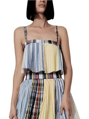 DE LORETA Gabriela Spaghetti Strap Pleat Cotton Top Mix Lines