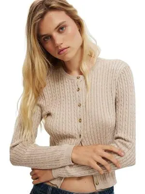COTTON ON Crew Neck Cardigan Oatmeal Cable