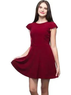 UN DEUX TROIS Fit-and-Flare Flutter Sleeve Dress Burgundy