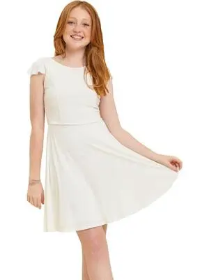 UN DEUX TROIS Fit-and-Flare Flutter Sleeve Dress Ivory