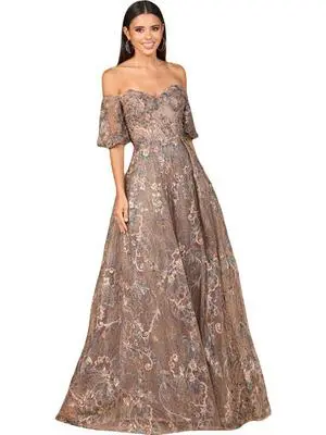 LARA NEW YORK Off Shoulder Lace Ballgown - Bronze Multi
