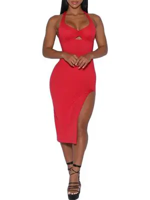 BOMBSHELL SPORTSWEAR Form Fitting Evening Dress With Lace-Up Open Back And High Slit Bright Red