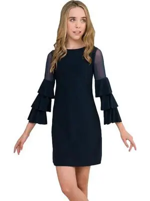 UN DEUX TROIS Shift Dress With Tiered Sleeves - Navy