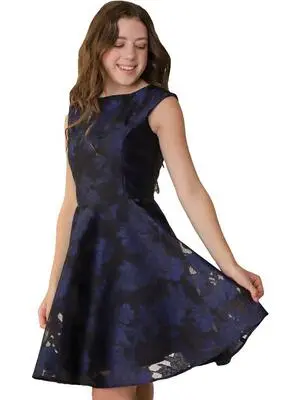 UN DEUX TROIS Cap Sleeve Fit-and-flare Dress - Navy