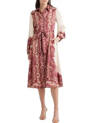 Julia Jordan Printed Long Sleeve Shirt Dress - Red Ivory