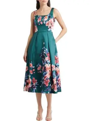 Julia Jordan Pleated Fit & Flare Midi Dress - Green Multi