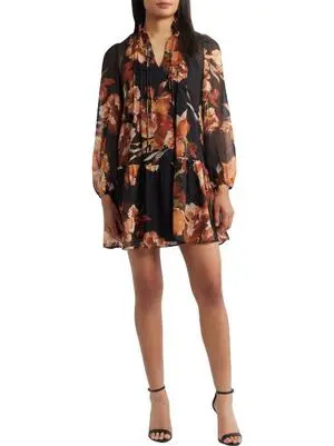Julia Jordan Floral Long Sleeve Drop Waist Mini Dress - Black Multi