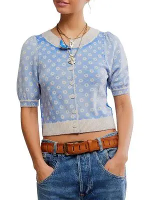 Free People Isla Puff Sleeve Crop Cardigan Blue Combo