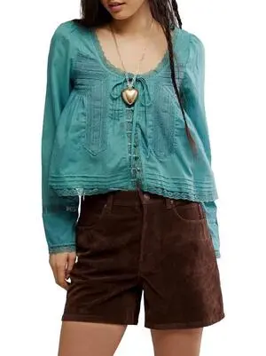 Free People Evermore Lace Inset Top - Mineral Blue