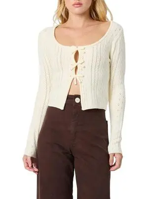 ALL IN FAVOR Bow Split Front Pointelle Cardigan - Ivory