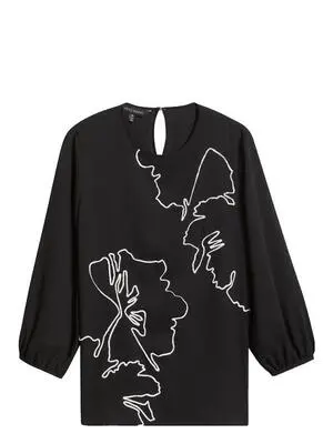 Ming Wang Floral Embroidered Popover Top - Black/white