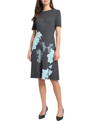 Ming Wang Abstract Floral A-line Knit Dress - Dawn/granite