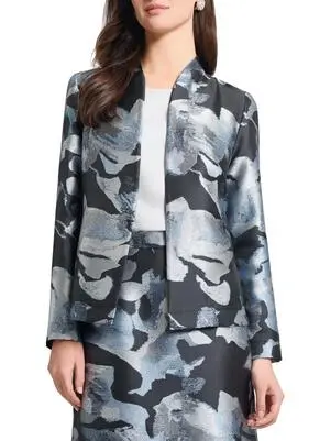 MING WANG Floral Jacquard Open-Front Blazer