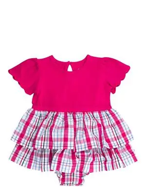 RUFFLEBUTTS Adley Plaid Mixed Media Skirted Bodysuit - Pink